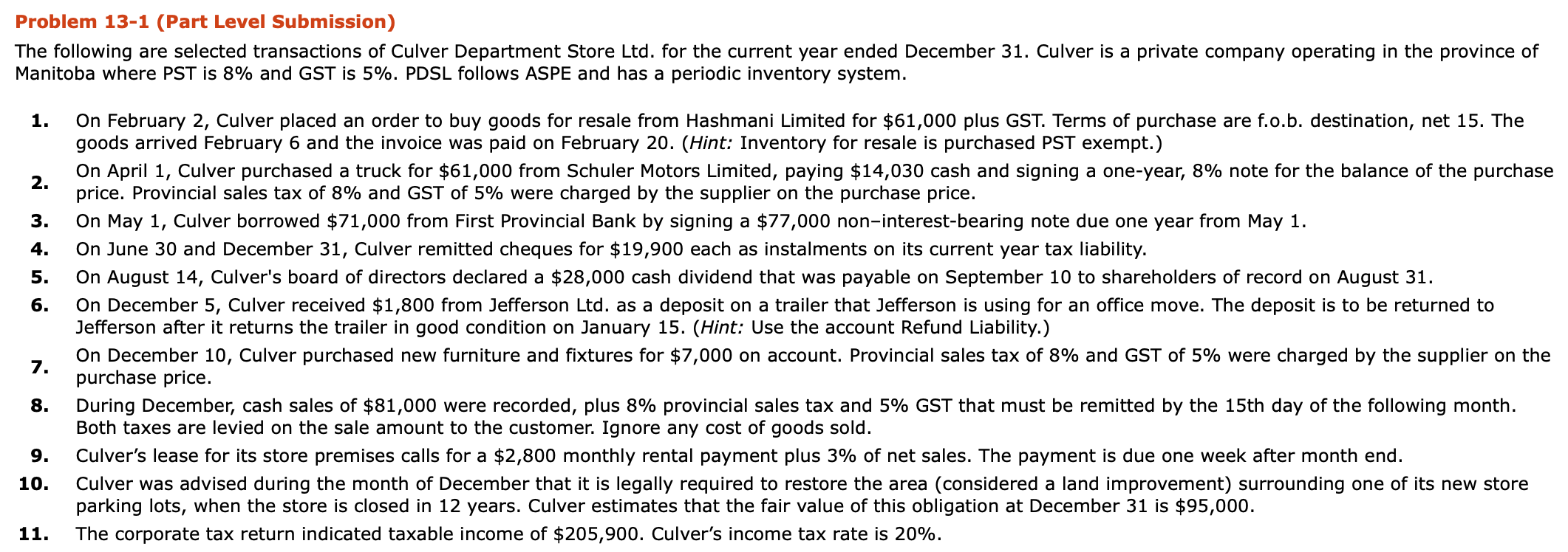 Problem 13-1 (Part Level Submission) The following | Chegg.com