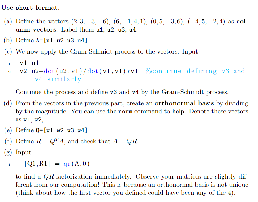 Solved Use short format. (a) Define the vectors | Chegg.com
