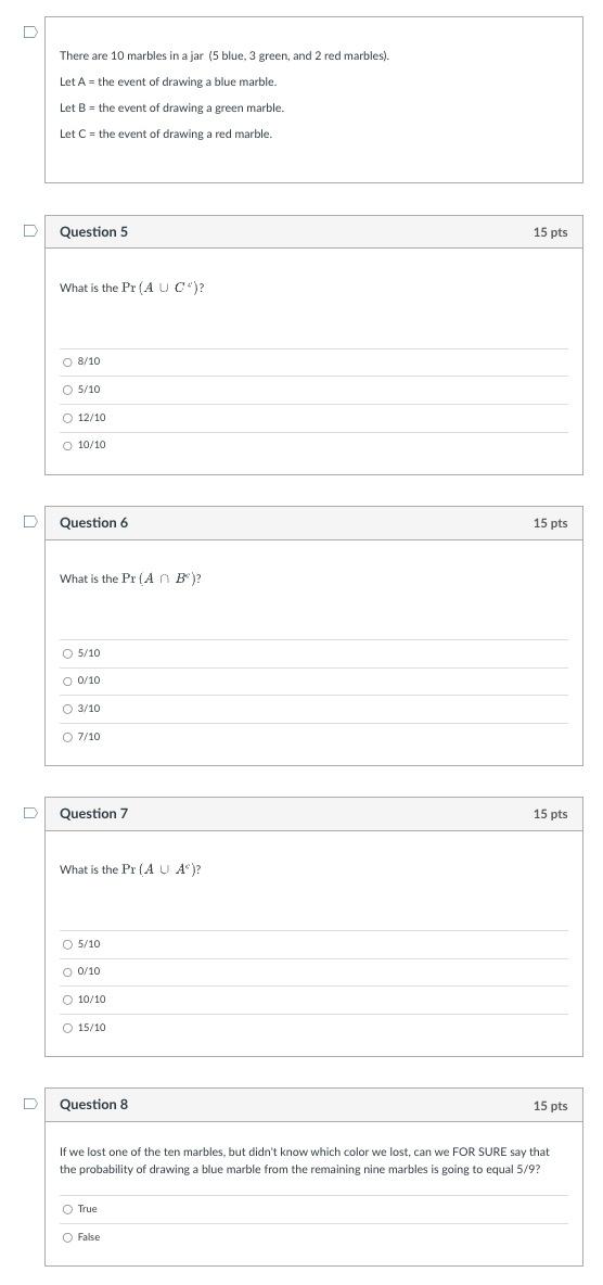 Solved There are 10 marbles in a jar ( 5 blue, 3 green, and | Chegg.com