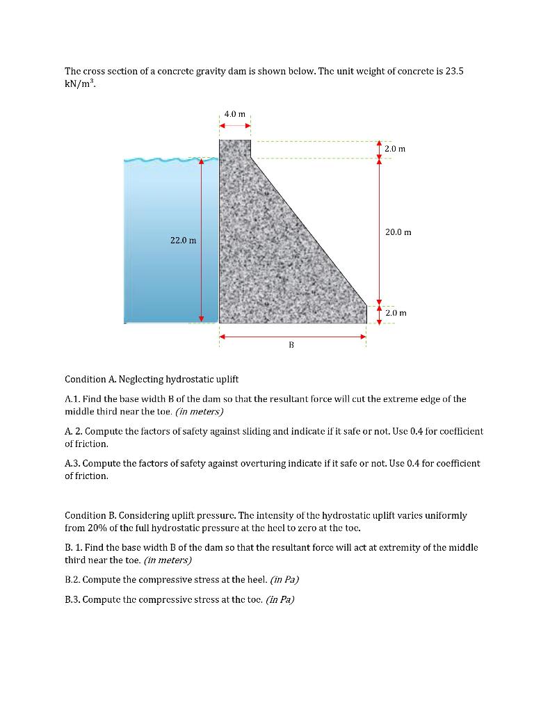 Solved The cross section of a concrctc gravity dam is shown | Chegg.com