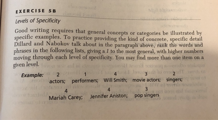 EXERCISE 5B Levels of Specificity ood writing | Chegg.com