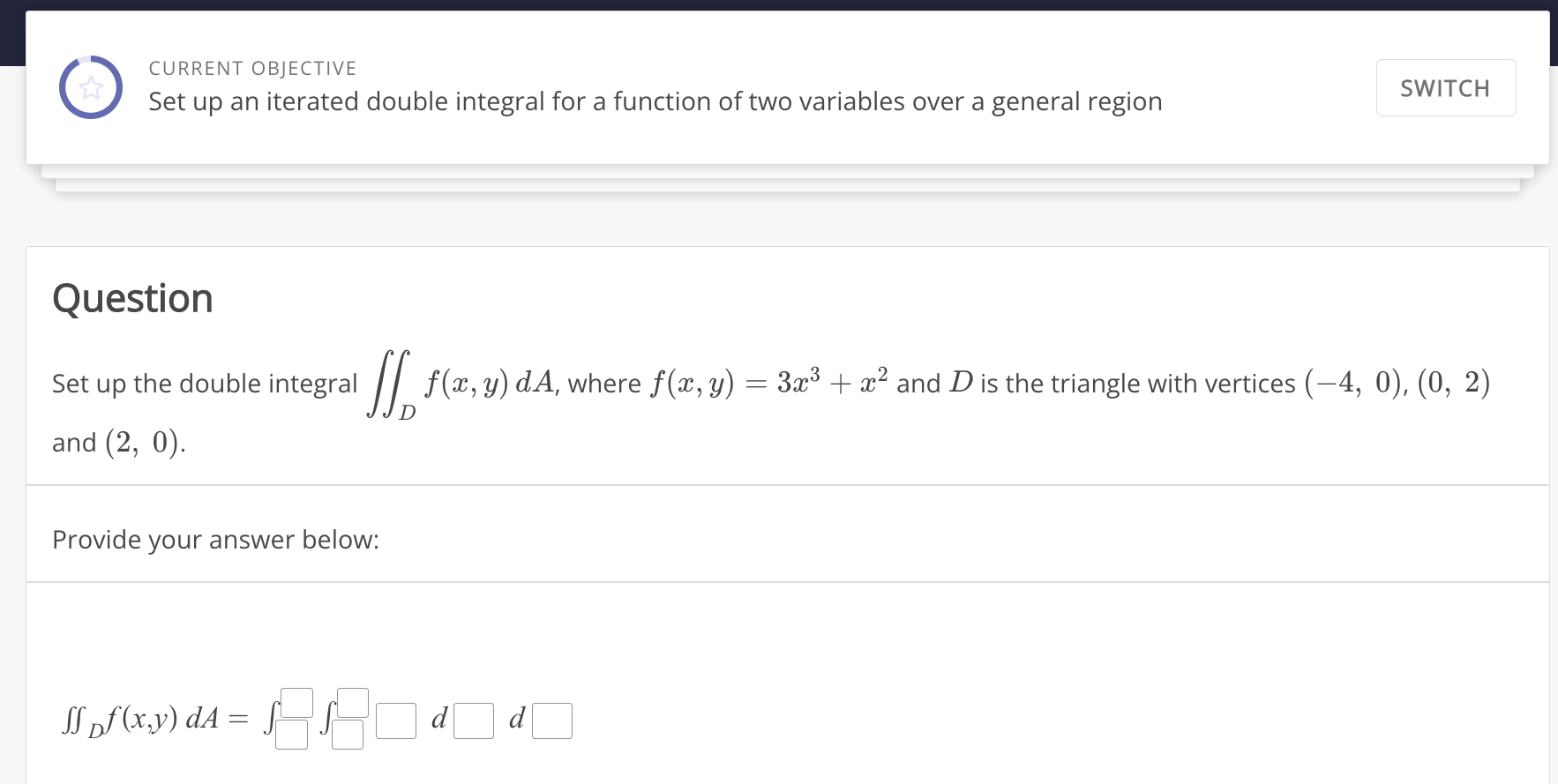 Solved QuestionSet up the double integral ∬_(D)f(x,y)dA, | Chegg.com