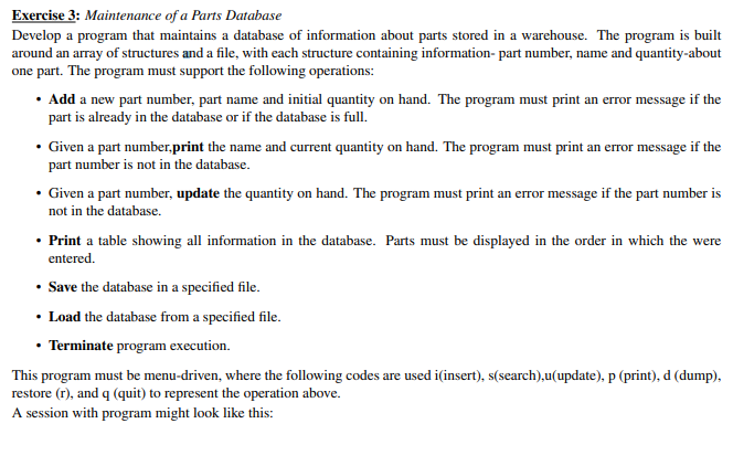 Solved Exercise 3: Maintenance of a Parts Database Develop a | Chegg.com
