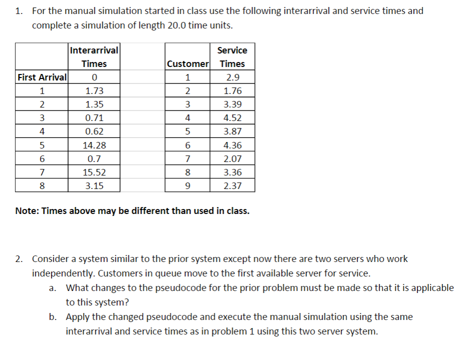 Solved 1. For the manual simulation started in class use the | Chegg.com