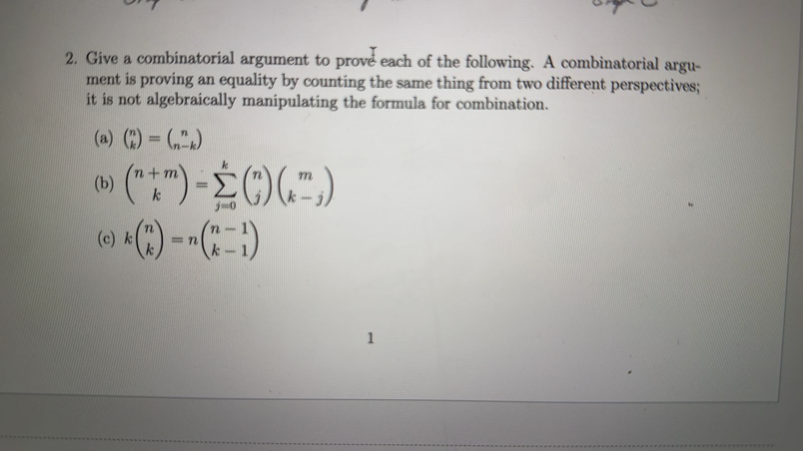 Solved Give a combinatorial argument to ﻿prove each of ﻿the | Chegg.com