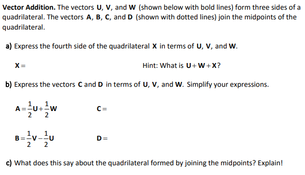 Solved Vector Addition. The vectors U, V, and W (shown below | Chegg.com