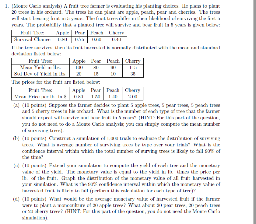 Solved (Monte Carlo analysis) ﻿A fruit tree farmer is | Chegg.com