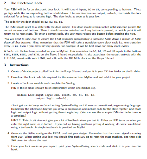 2 The Electronic Lock Your FSM will be for an | Chegg.com