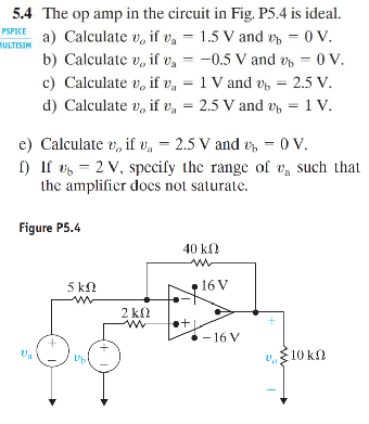 Solved 5.4 ﻿The op amp in the circuit in Fig. P5.4 ﻿is | Chegg.com