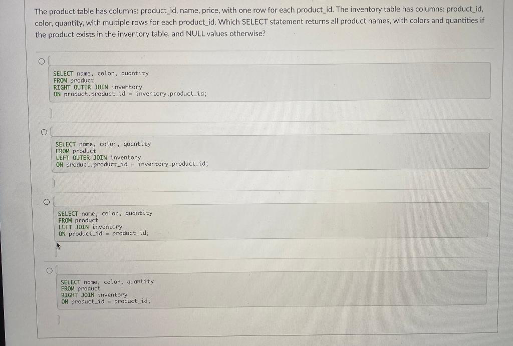 Solved The product table has columns: product_id, name, | Chegg.com