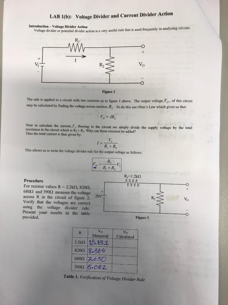 Solved LAB 1(b): Voltage Divider and Current Divider Action | Chegg.com