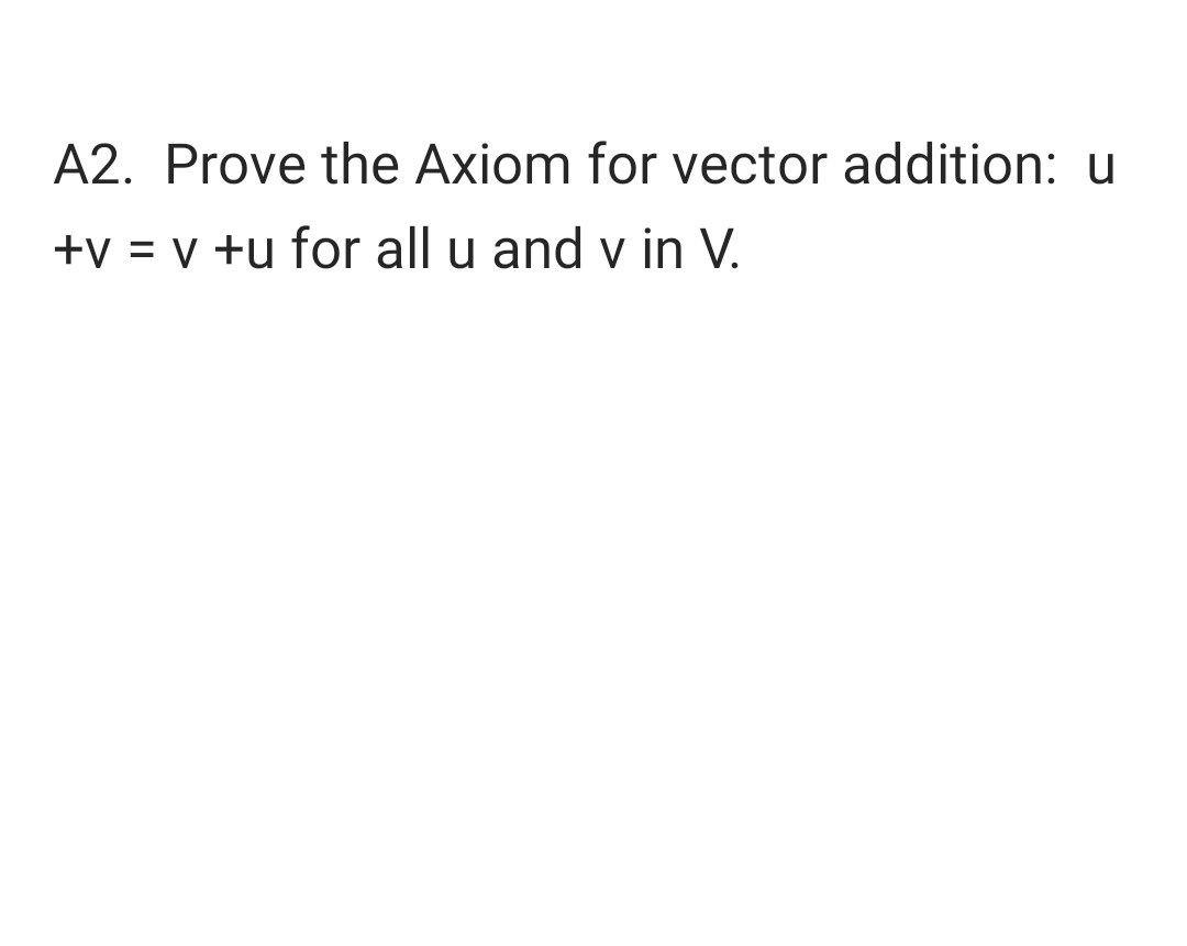 Solved A2. Prove the Axiom for vector addition: u +y = y +u | Chegg.com