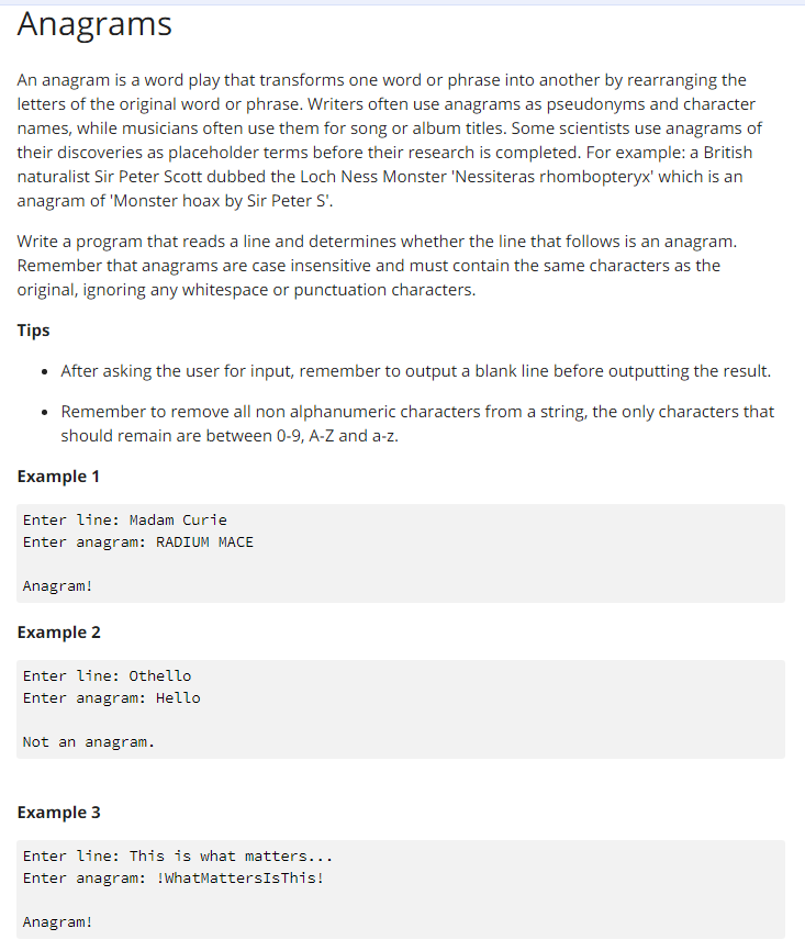 Solved Anagrams An anagram is a word play that transforms | Chegg.com