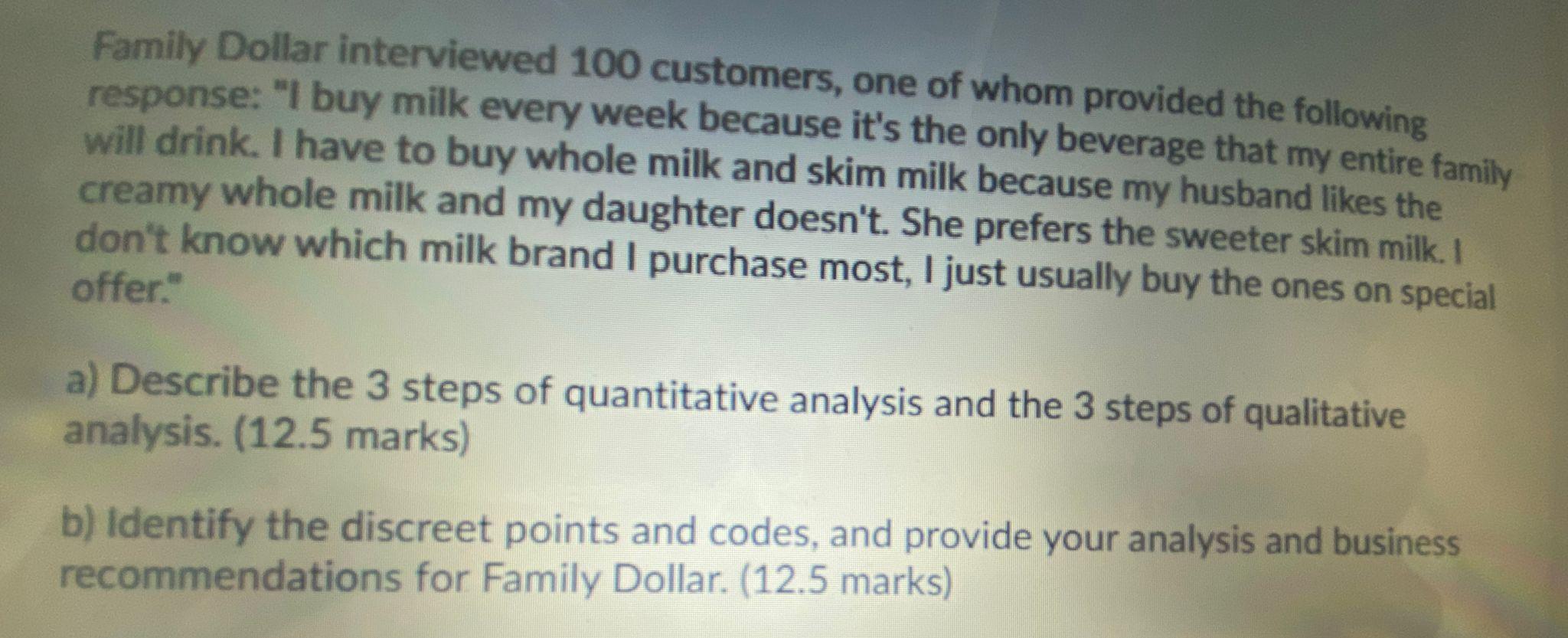 Solved Family Dollar interviewed 100 customers, one of whom | Chegg.com