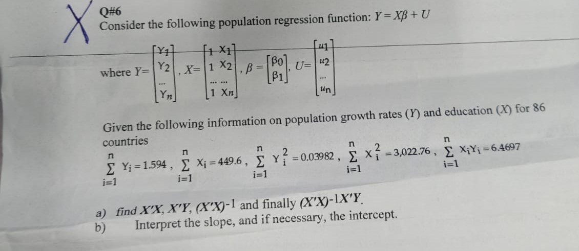 Solved Q#6 Consider the following population regression | Chegg.com
