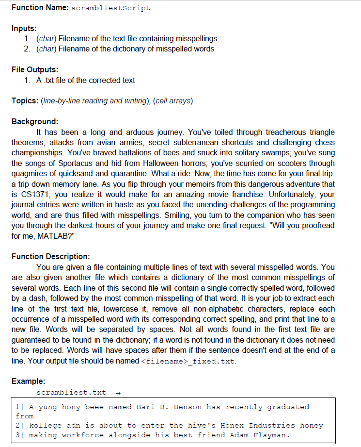 Function Name: scrambliestScript Inputs: 1. (char) | Chegg.com