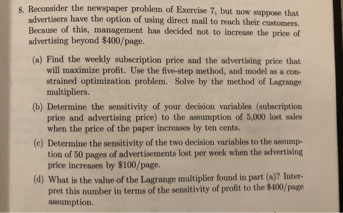8. Reconsider the newspaper problem of Exercise 7, | Chegg.com