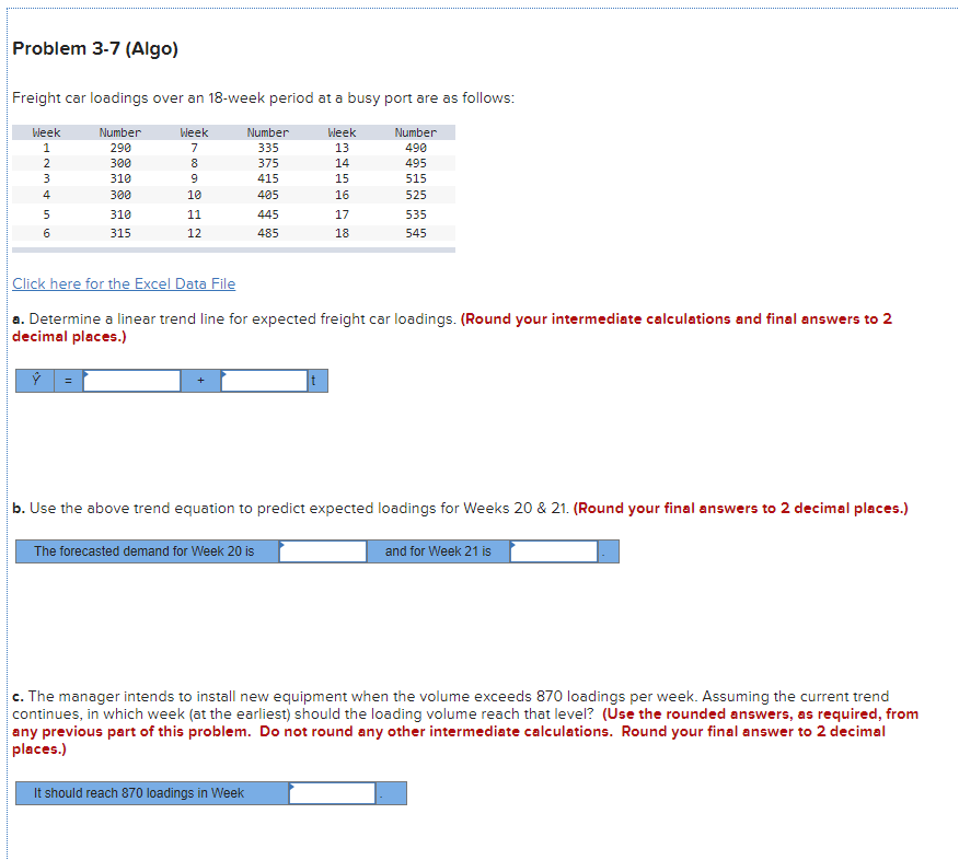 Solved Problem 3-7 (Algo) Freight car loadings over an | Chegg.com