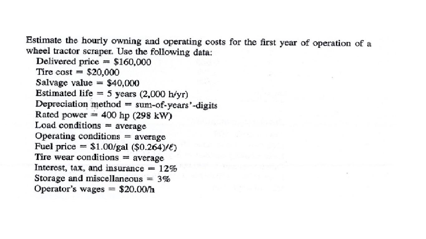 Solved Estimate the hourly owning and operating costs for | Chegg.com