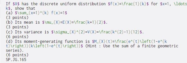Solved If $X$ has the discrete uniform distribution | Chegg.com
