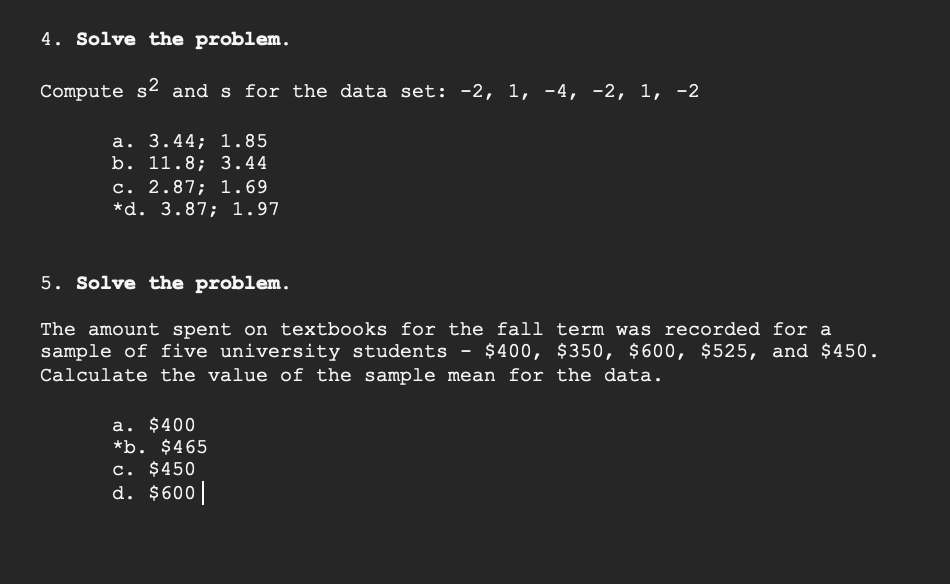 Solved 4. Solve the problem. Compute s2 and s for the data | Chegg.com