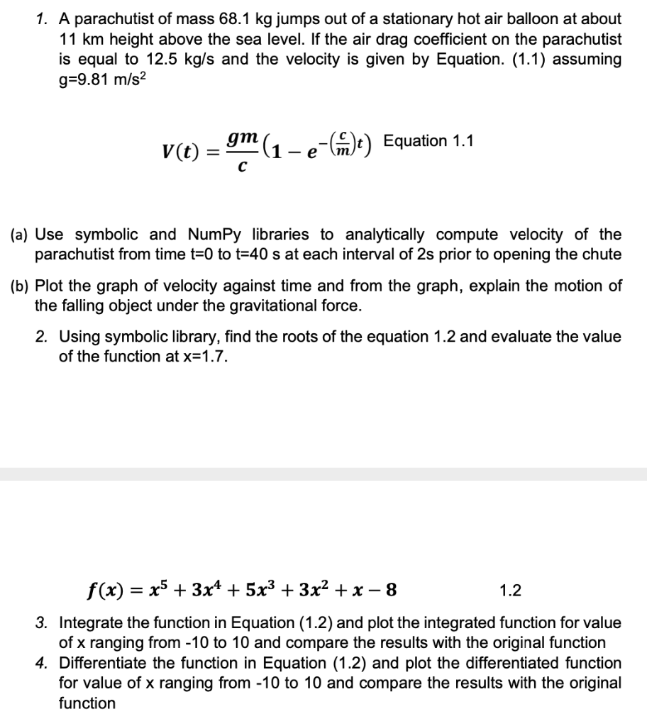 Lab 3 assignment 1. A parachutist of mass 68.1 kg | Chegg.com