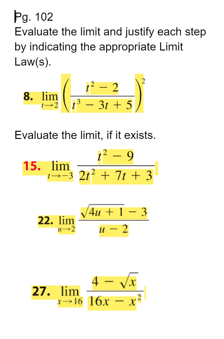 Solved Pg. 102 Evaluate the limit and justify each step by | Chegg.com