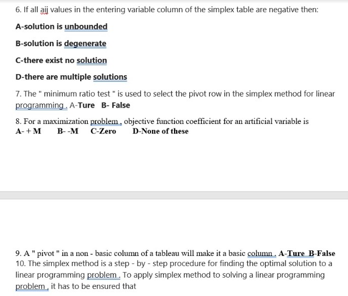 Solved 6. If all aij values in the entering variable column | Chegg.com