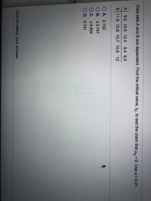 Solved Data sets A and B are dependent. Find the critical | Chegg.com