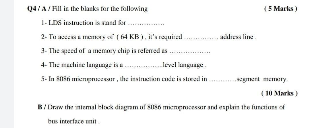 Solved Q4/A / Fill in the blanks for the following ( 5 Marks | Chegg.com