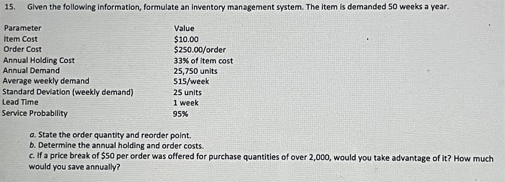 Solved a. State the order quantity and reorder point. b. | Chegg.com