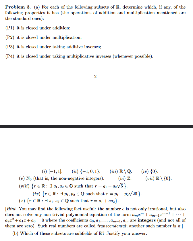 Solved Problem 3. (a) For each of the following subsets of | Chegg.com