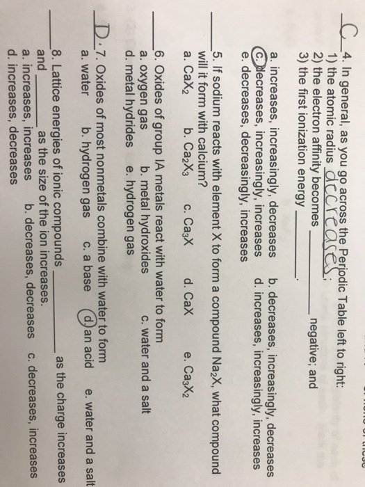 Solved 4. In general, as you go across the Periodic Table | Chegg.com