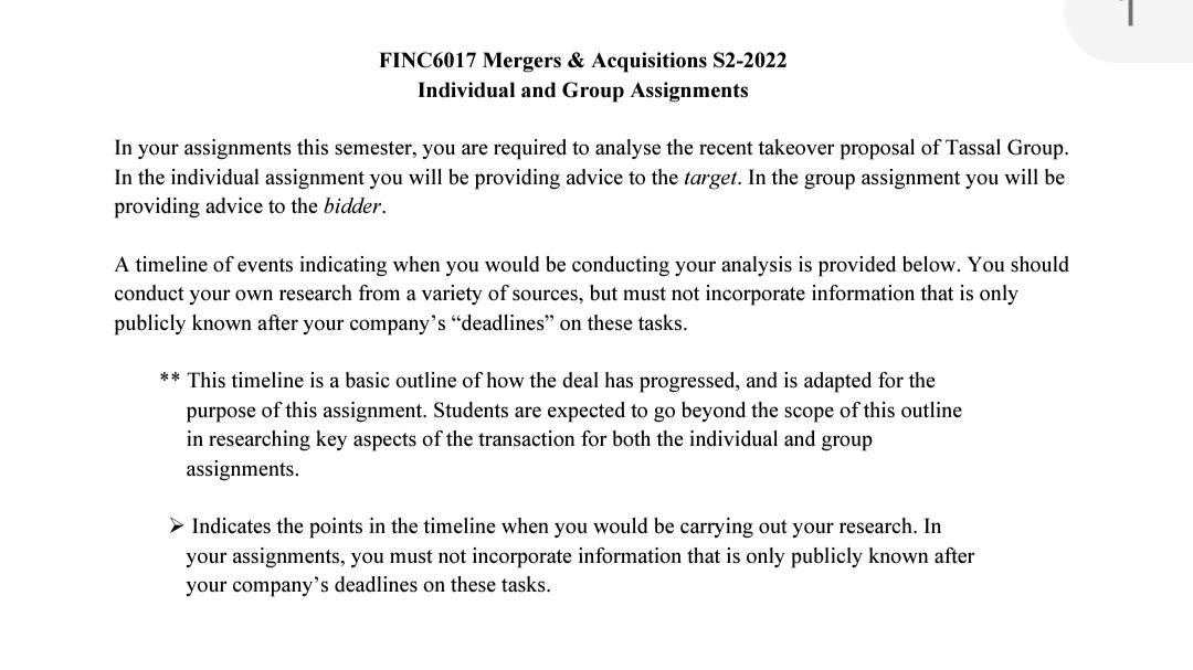 FINC6017 Mergers \& Acquisitions S2-2022 Individual | Chegg.com