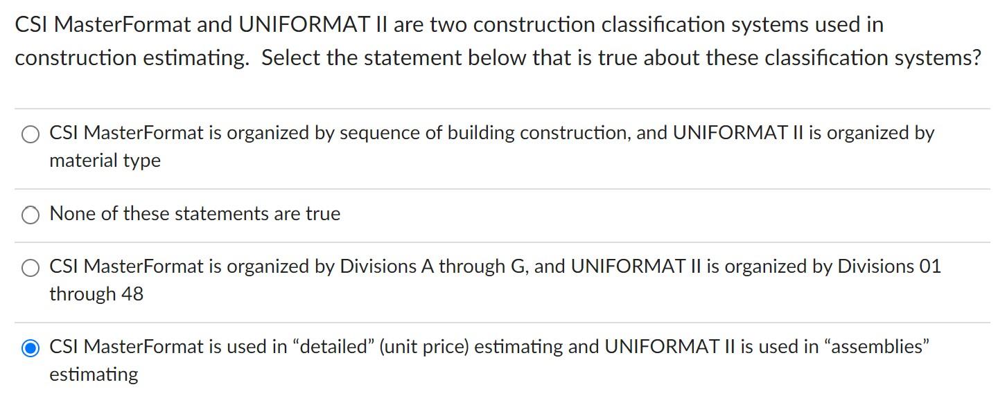 Solved CSI MasterFormat and UNIFORMAT II are two | Chegg.com