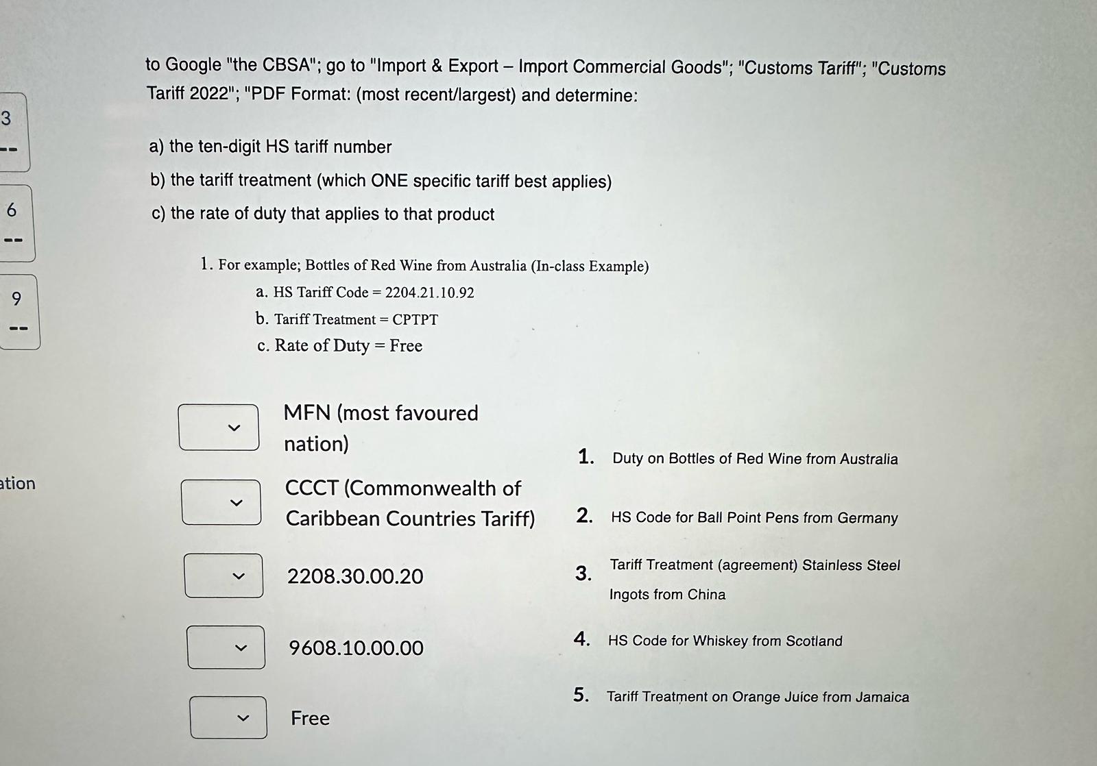 Solved to Google "the CBSA"; go to "Import & Export - | Chegg.com