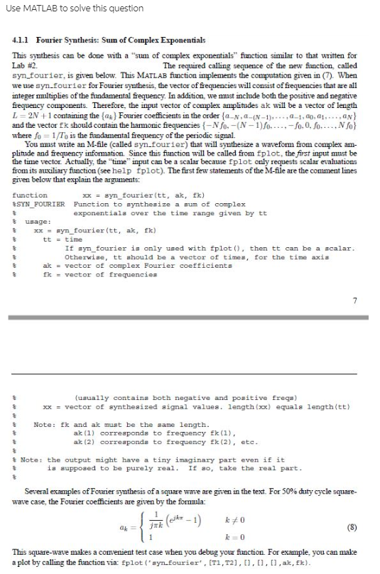 Use MATLAB to solve this question Lab 4.1.1 Fourier | Chegg.com