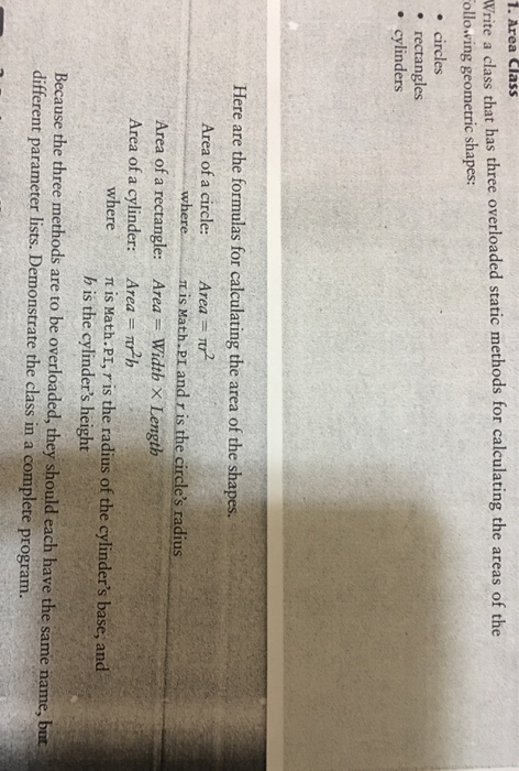 Solved 1. Area Class Write a class that has three overloaded | Chegg.com