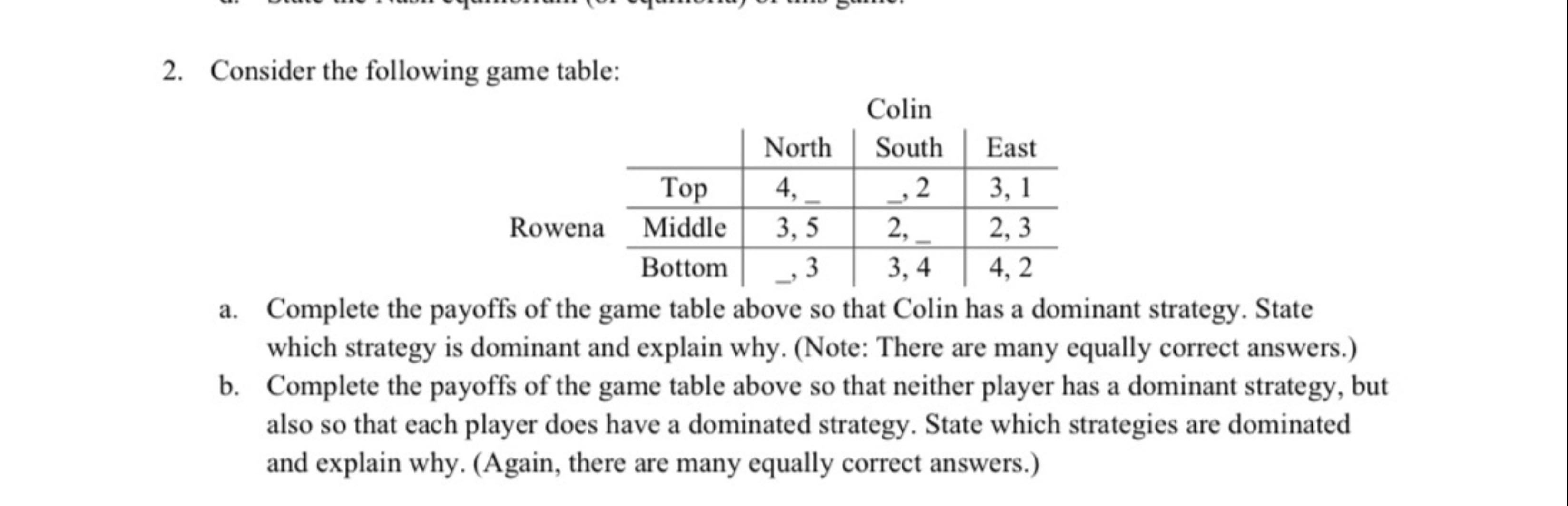 Solved Consider the following game table:Rowenaa. ﻿Complete | Chegg.com