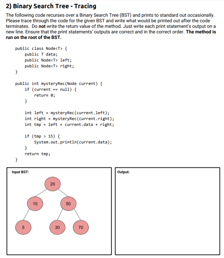 Solved 2) Binary Search Tree - Tracing The following code | Chegg.com