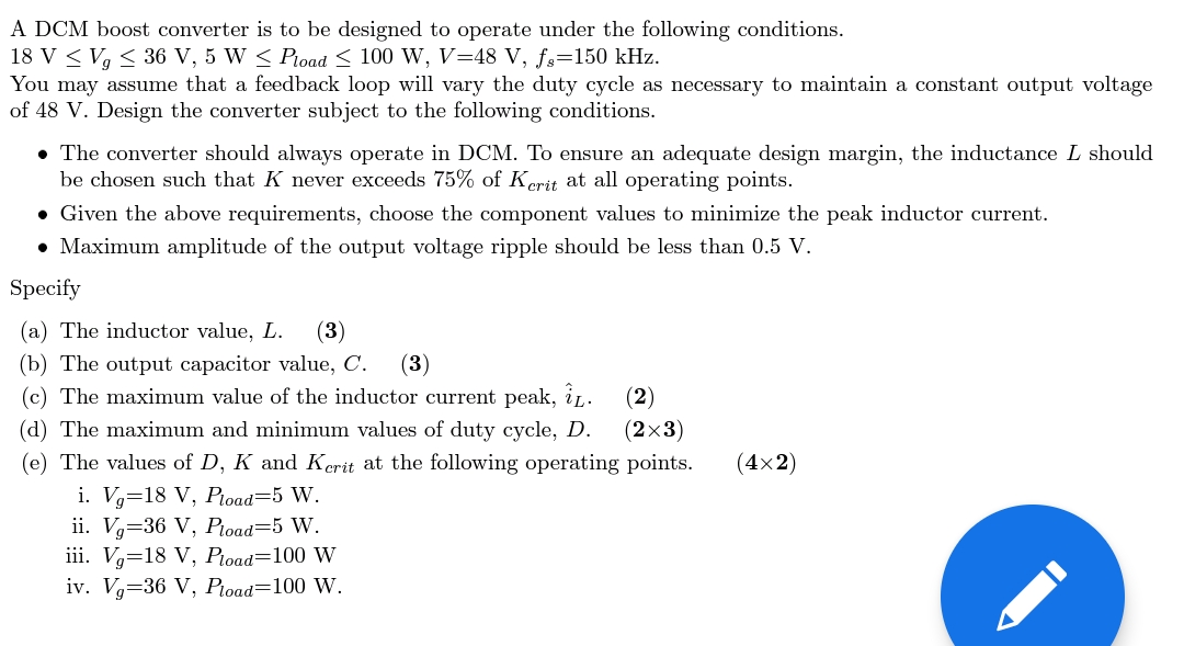 Solved A DCM boost converter is to be designed to operate | Chegg.com