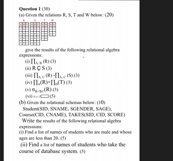 Solved Question 1(30) (a) Given the relations R, S, T and W | Chegg.com