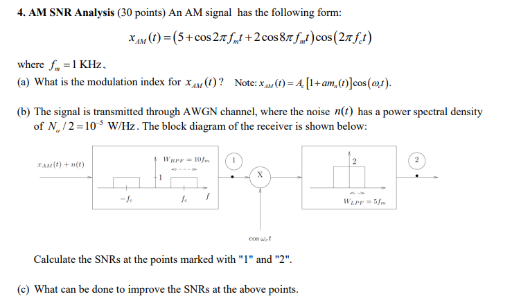 Solved 4. AM SNR Analysis ( 30 points) An AM signal has the | Chegg.com