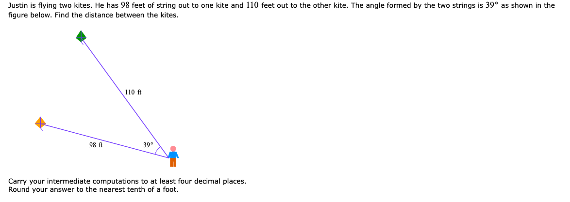 Solved Justin is flying two kites. He has 98 feet of string | Chegg.com