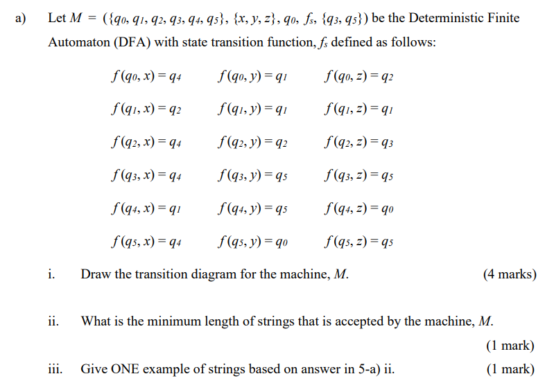 Solved a) = Let M = ({90, 91, 92, 93, 94, 95}, {x, y, z), | Chegg.com