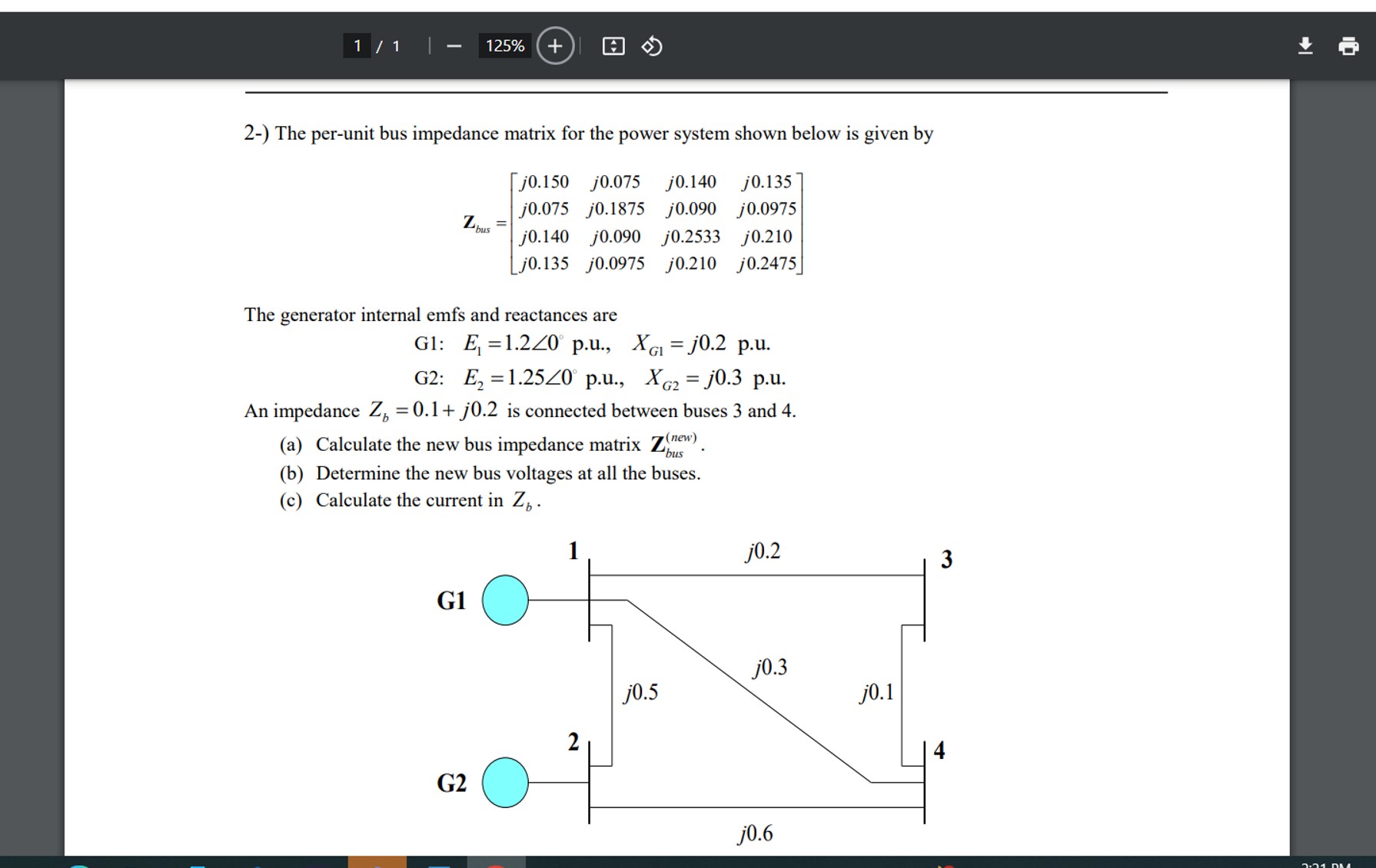 Solved 2-) ﻿The per-unit bus impedance matrix for the power | Chegg.com
