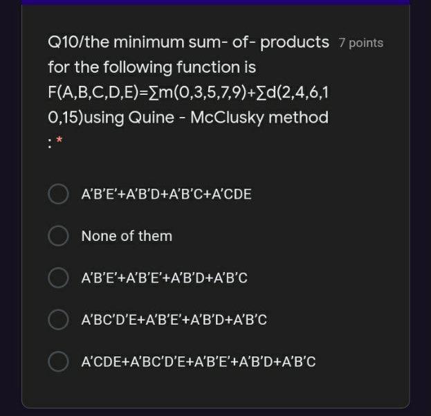 Solved Q10/the minimum sum-of-products 7 points for the | Chegg.com