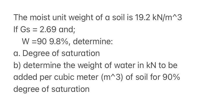Solved The moist unit weight of a soil is 19.2kN/m∧3 If | Chegg.com