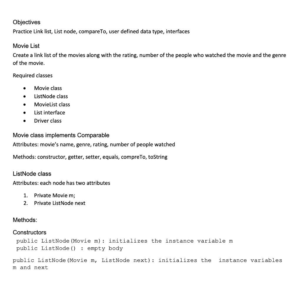 Solved Objectives Practice Link list, List node, compareTo, | Chegg.com