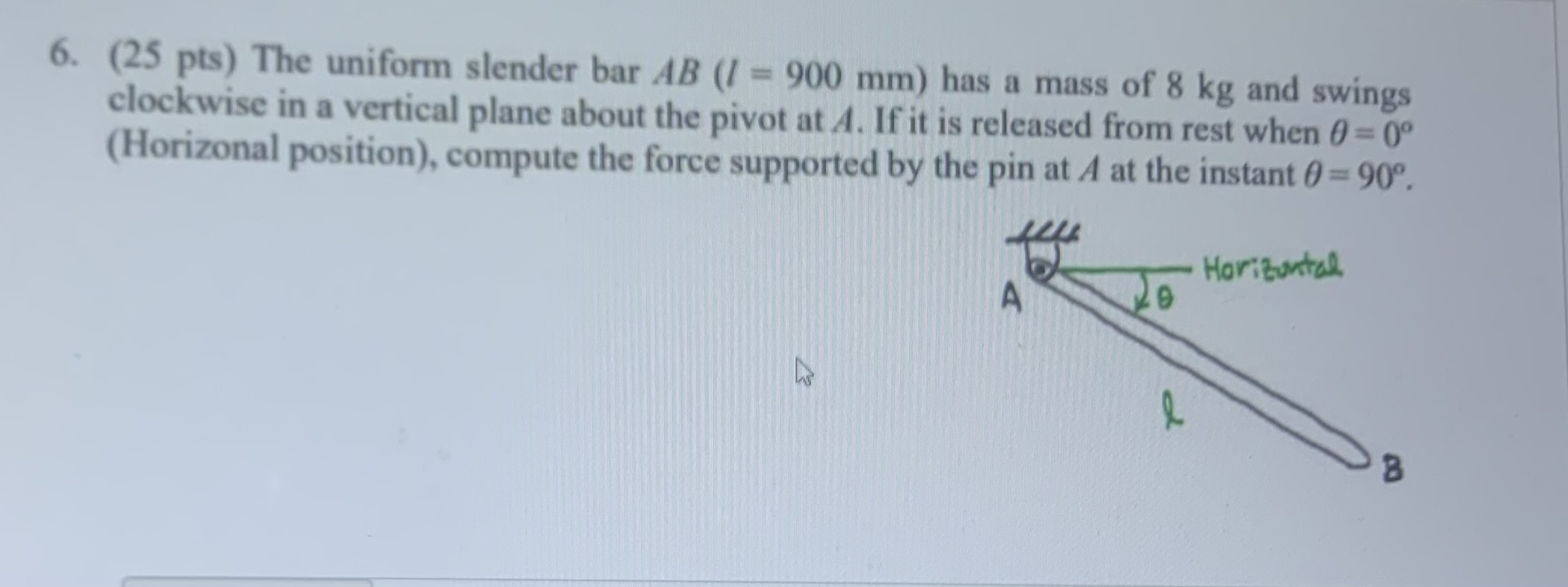 Solved 6. (25 pts) The uniform slender bar AB(I=900 mm) has | Chegg.com
